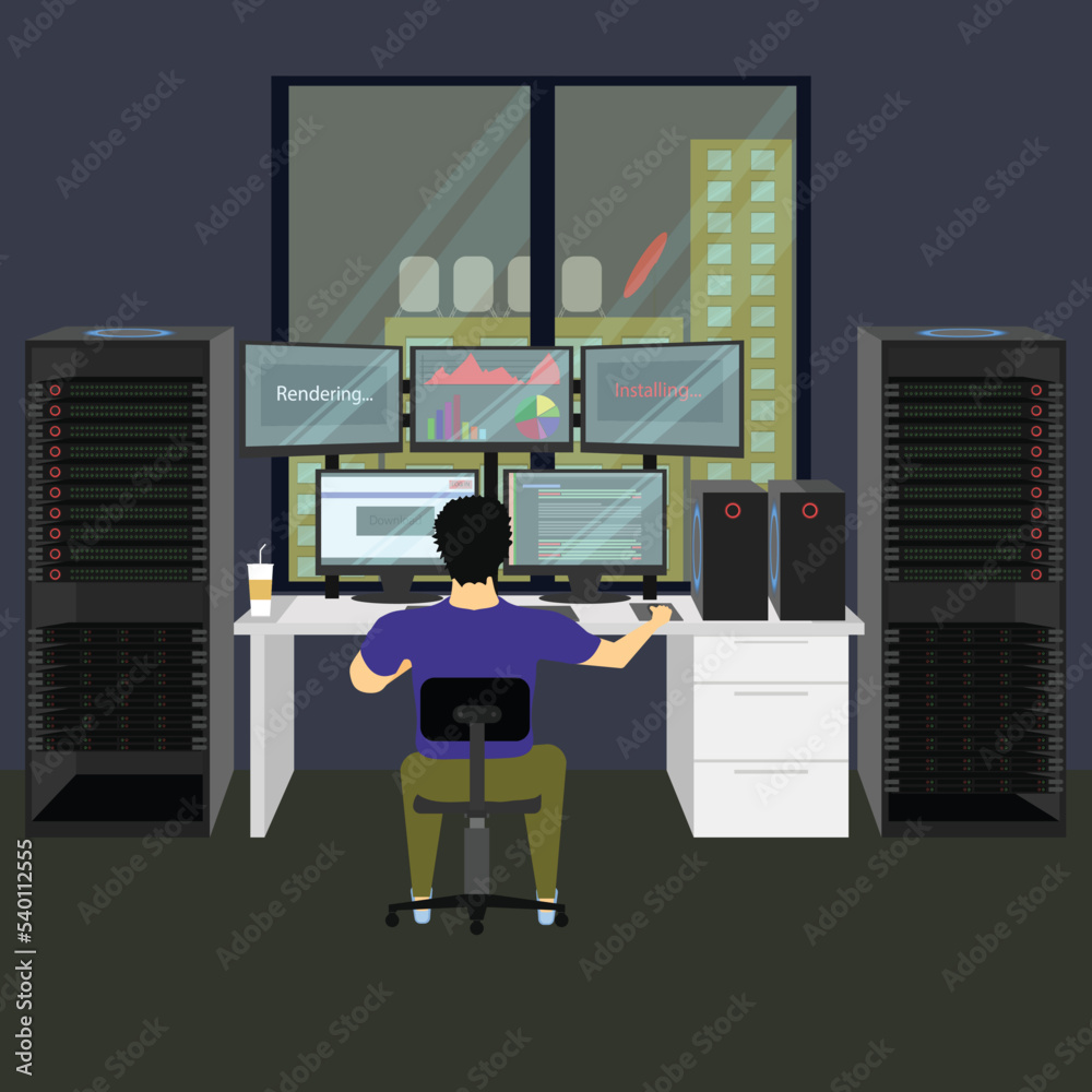 Illustrated man sitting at a computer with multiple monitors at night ...