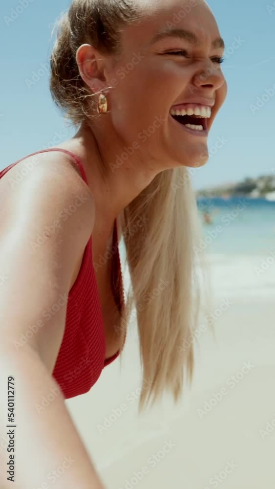 Young European Woman In Bikini On The Beach In Summer Happy Young