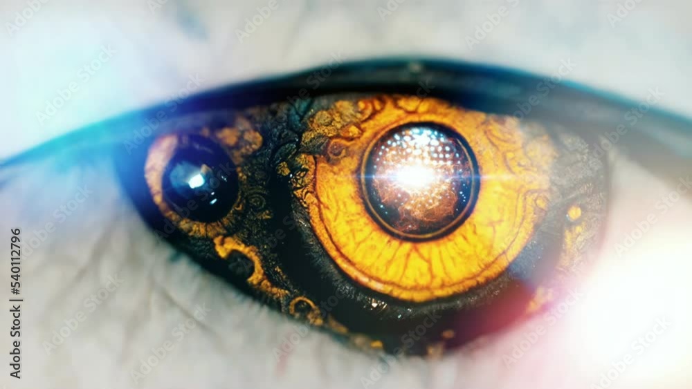 Fantastic eye macro. Alien look. Bioengineering concept. Yellow pupil ...