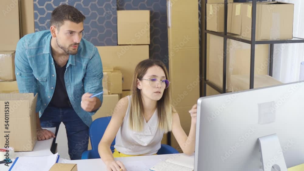 Entrepreneurial woman and man sell online and talk about it ...