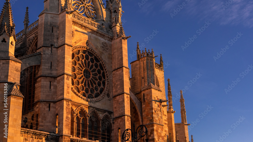 Gothic cathedral in Leon. Historic street in the ancient Spanish city ...