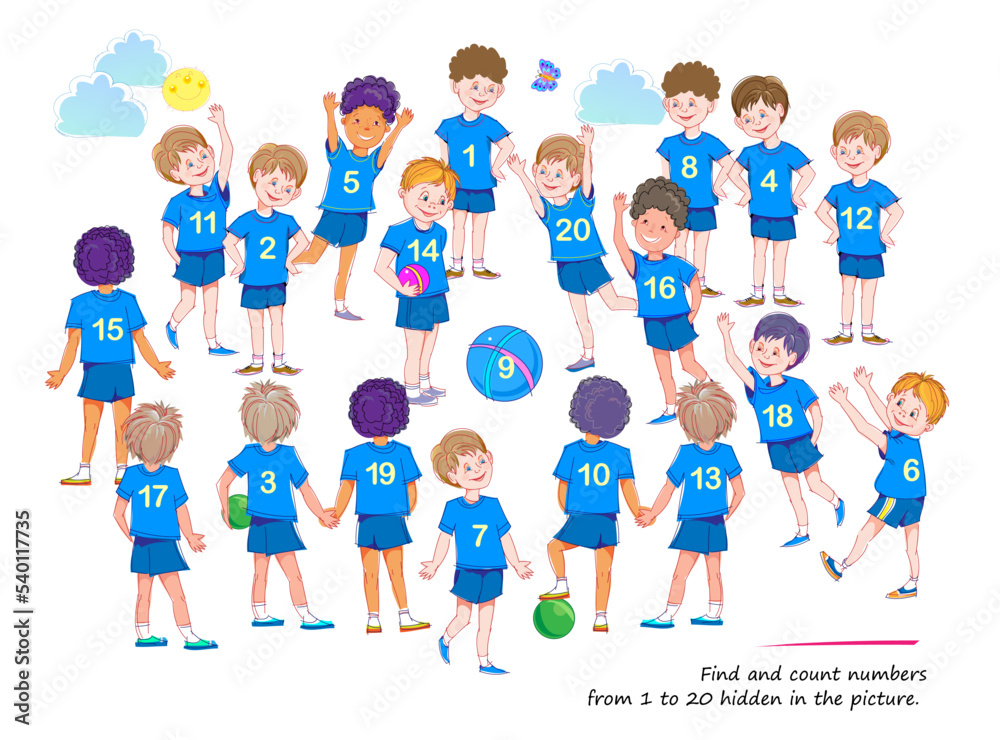 Logic puzzle game for kids. Find and count numbers from 1 to 20 hidden ...