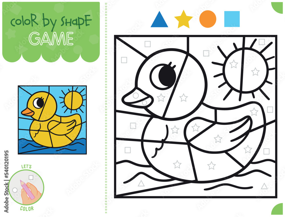 Coloring by shapes. educational game for children. A cartoon style duck ...