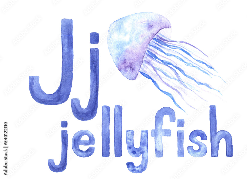 Aquarelle letter J for written word "jellyfish", pictured book, card ...