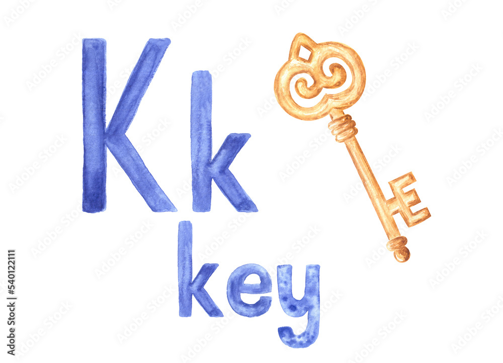 Aquarelle letter K for written word "key", pictured book, card for ...