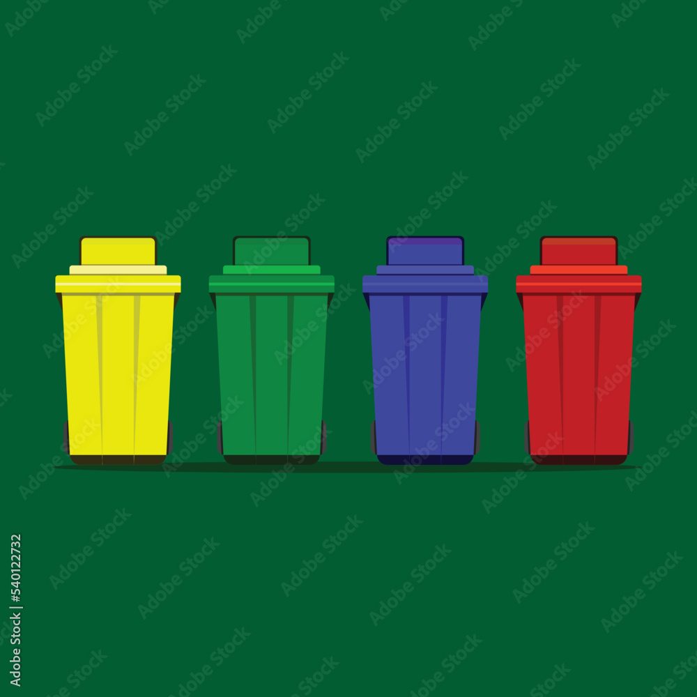 Vector illustration of four trash bins in different colors against the ...