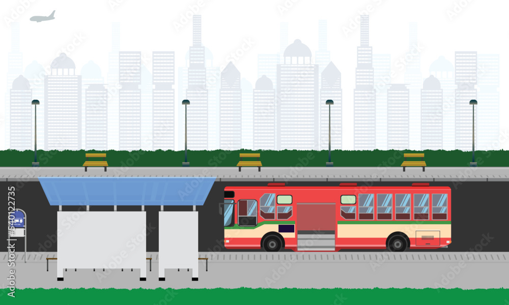 Vector illustration of a big red bus approaching the bus station in the ...