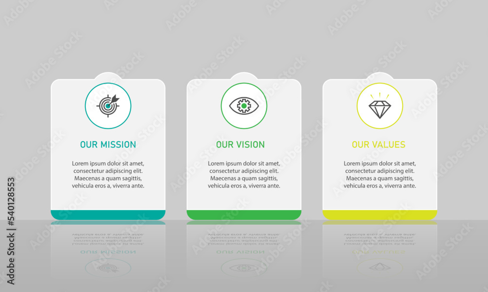 Mission,vision and values infographic design template with 3 step ...