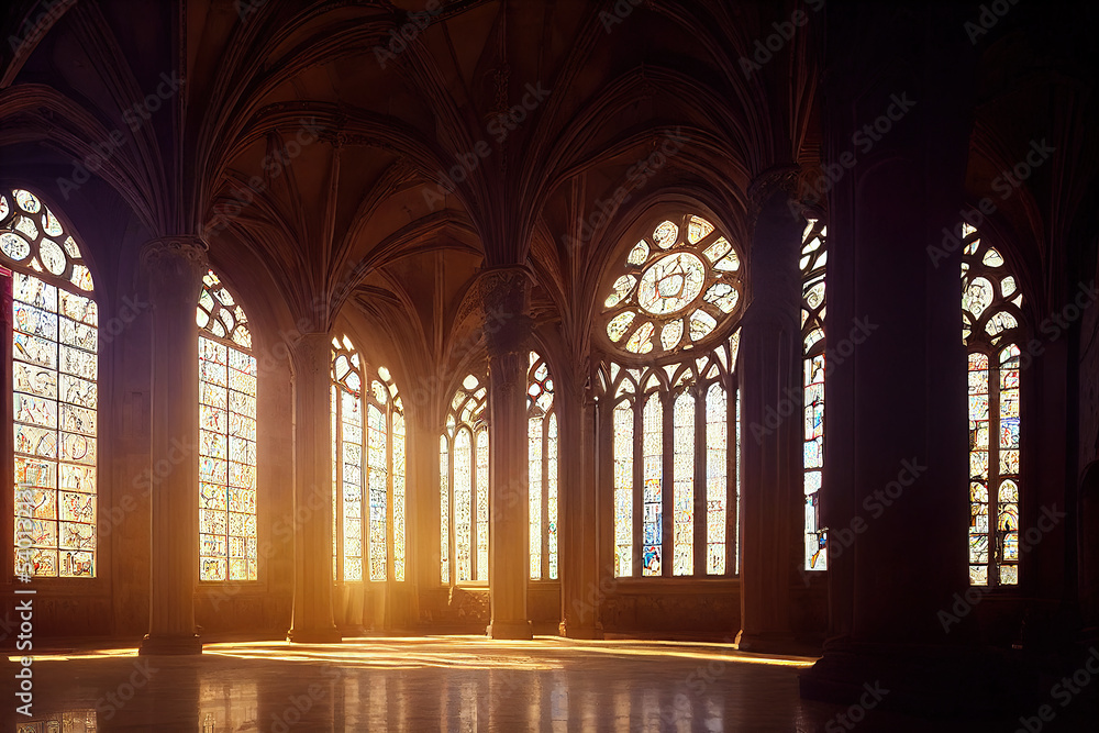 Romantic Byzantine Gothic cathedral interior, religious stained glass windows and columns. AI ...