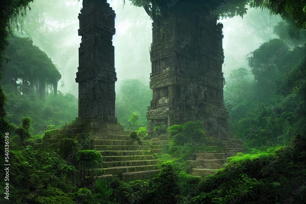 mayan ziggurat overgrown by jungle, possessed with ethereal spirits, intricately detailed ...