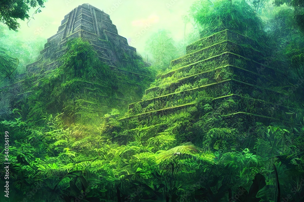 mayan ziggurat overgrown by jungle, possessed with ethereal spirits ...