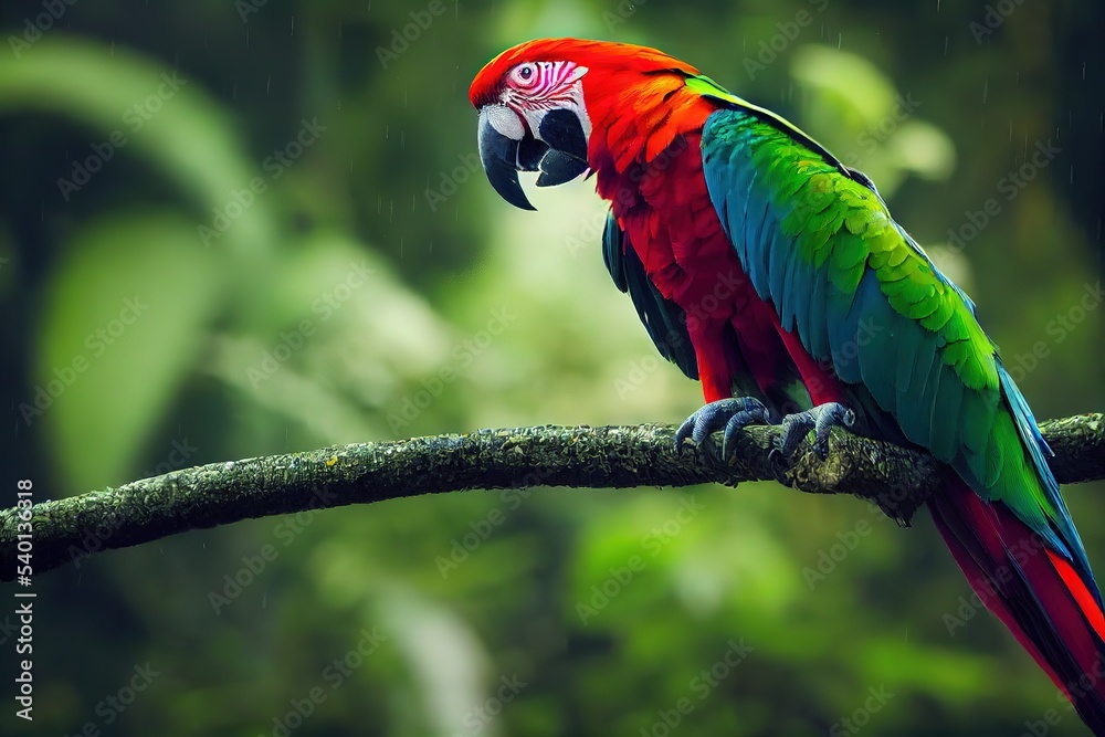 Red parrot in the rain. Macaw parrot flying in dark green vegetation ...