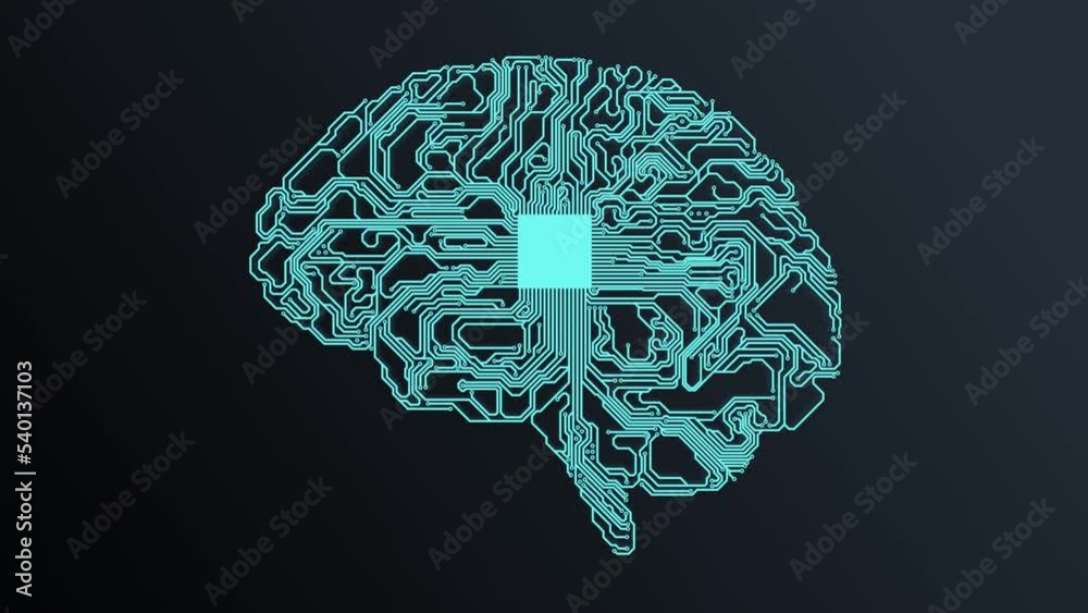 The printed circuit board in the form of a human brain pulsates and is ...