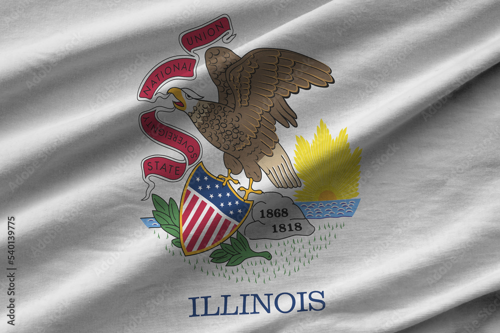 Illinois US state flag with big folds waving close up under the studio ...