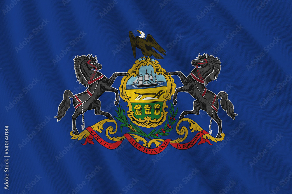 Pennsylvania US state flag with big folds waving close up under the ...