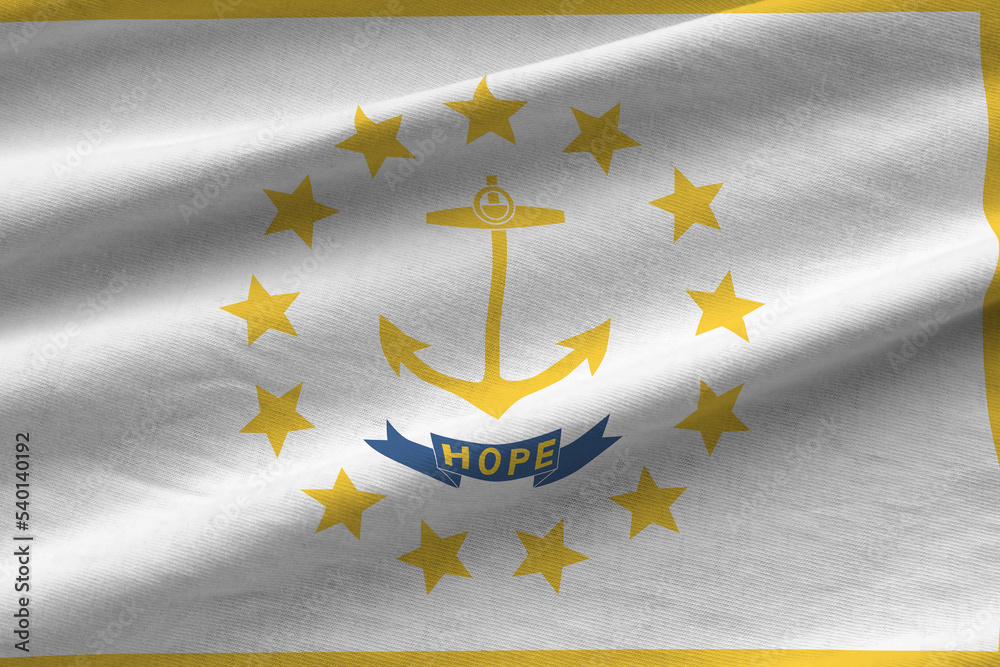 Rhode Island US state flag with big folds waving close up under the ...