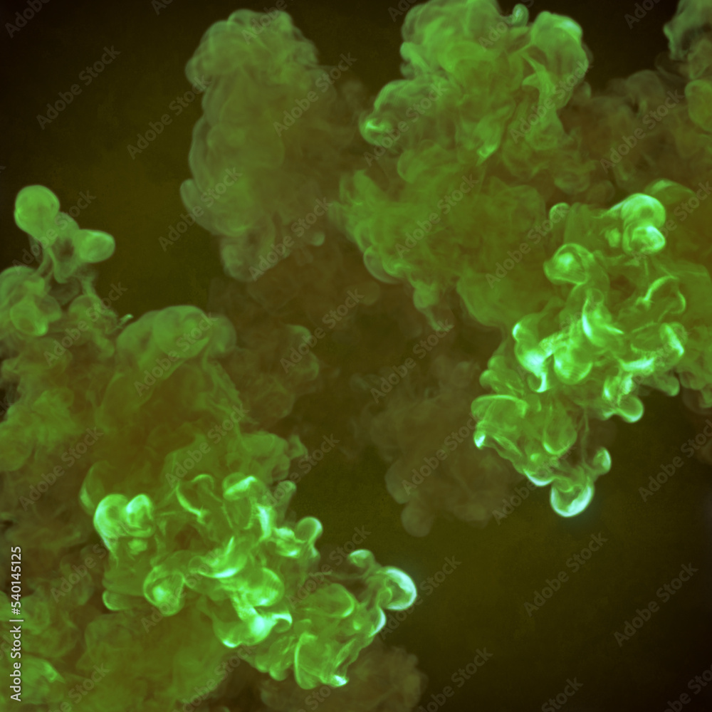 Explosion with green chemical smoke on dark background for graphic ...