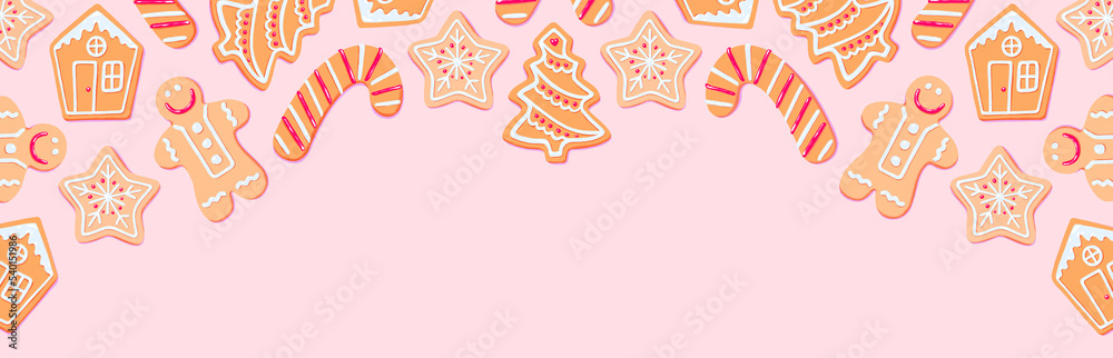 Horizontal banner of Christmas sugar cookies with red icing. xmas tree ...