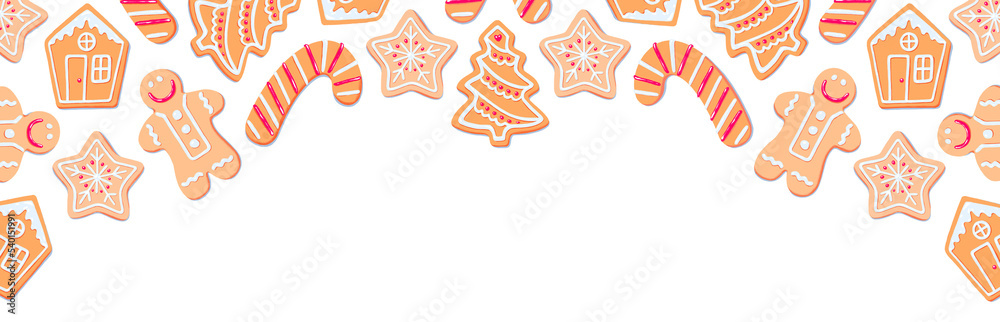 banner of flat lay Christmas sugar cookies with red icing on ...