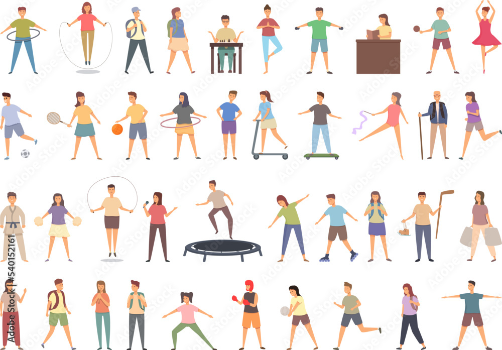 School movement activities icons set cartoon vector. Basketball ...