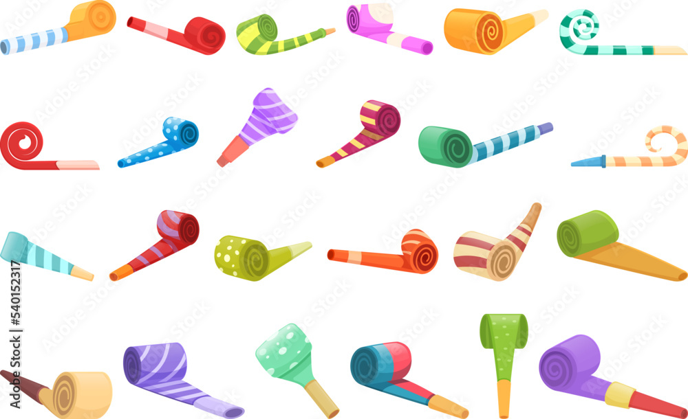 Party blower icons set cartoon vector. Horn birthday. Happy celebration ...
