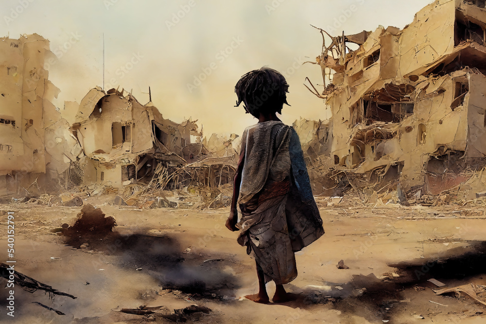 Concept illustration featuring a lonely child in the aftermath of an ...