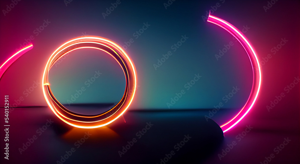 Neon sign in circle shape. Bright neon light illuminated round frame ...