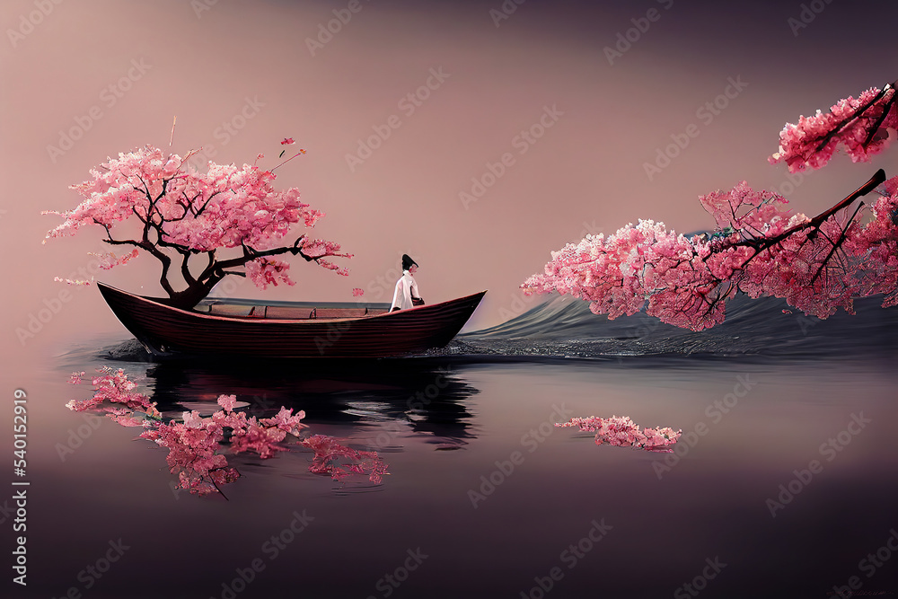 Simplistic Japanese aesthetic illustration featuring sakura trees and a ...