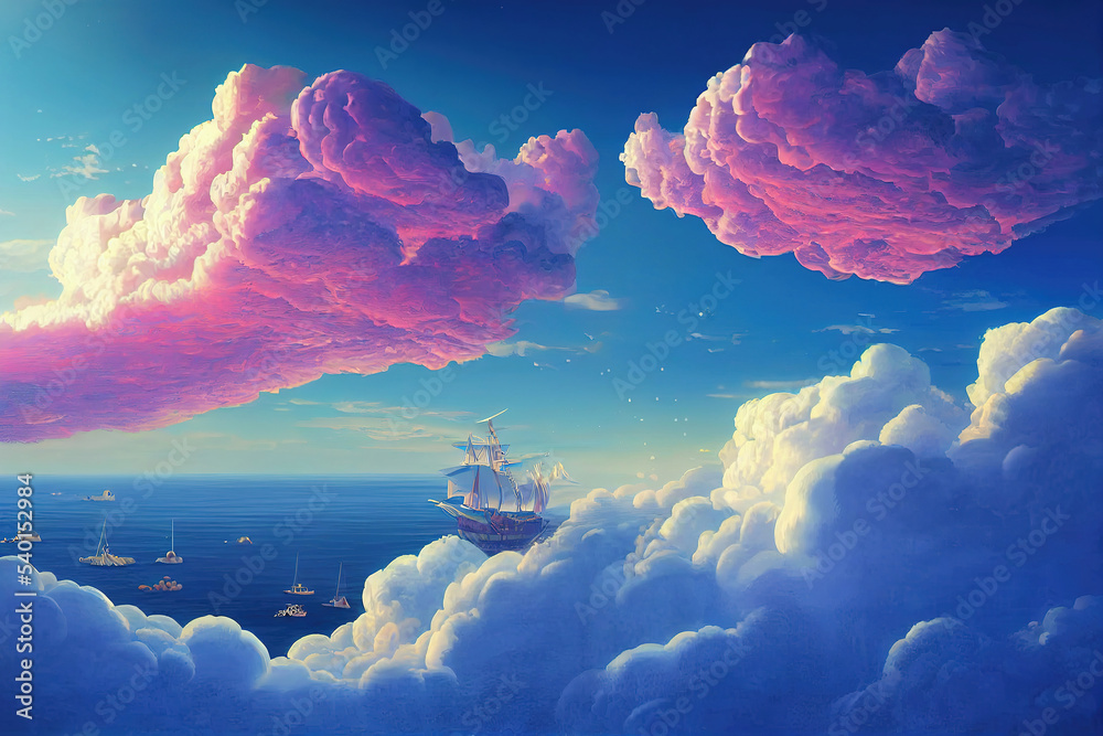 Fantasy pirate ship on ocean with dramatic sky, with digital concept ...