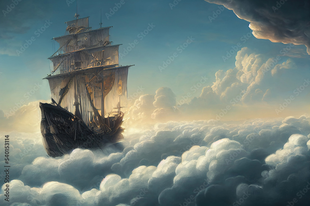 Magic flying pirate ship sailing on clouds, with concept art. Heroic ...