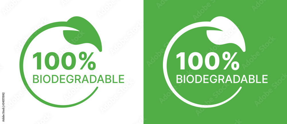 100% Biodegradable icon set. Compostable, recyclable, eco-friendly ...