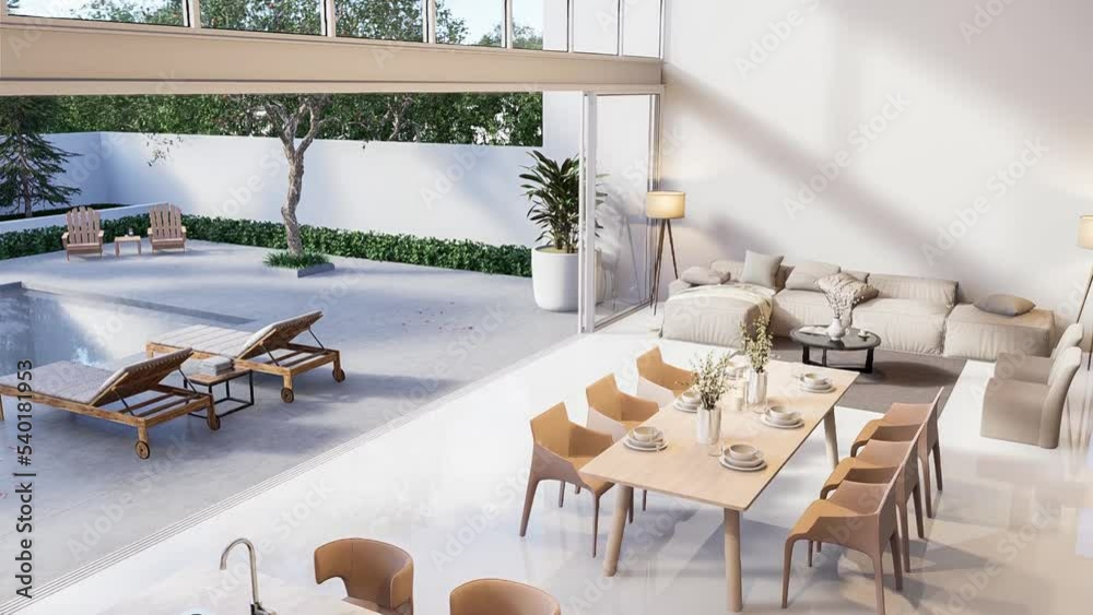 Animation of modern white house interior from top view to normal view ...