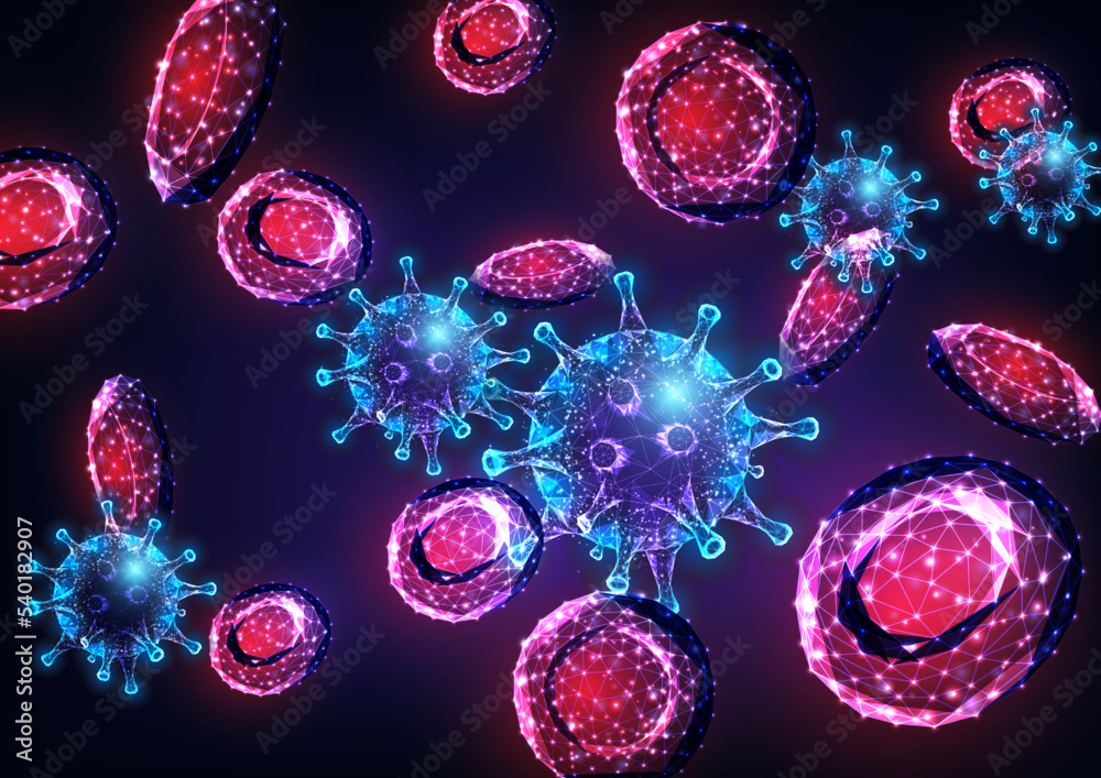 Futuristic viral infection with glow low poly influenza virus cells and ...
