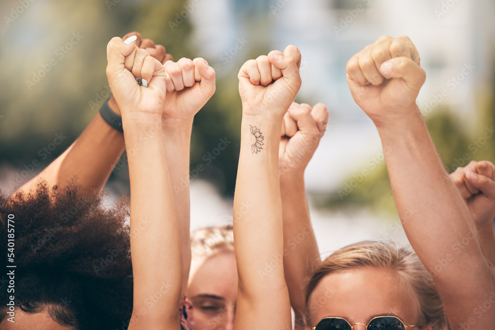 Protest, group and fist of people, hands in air for solidarity ...