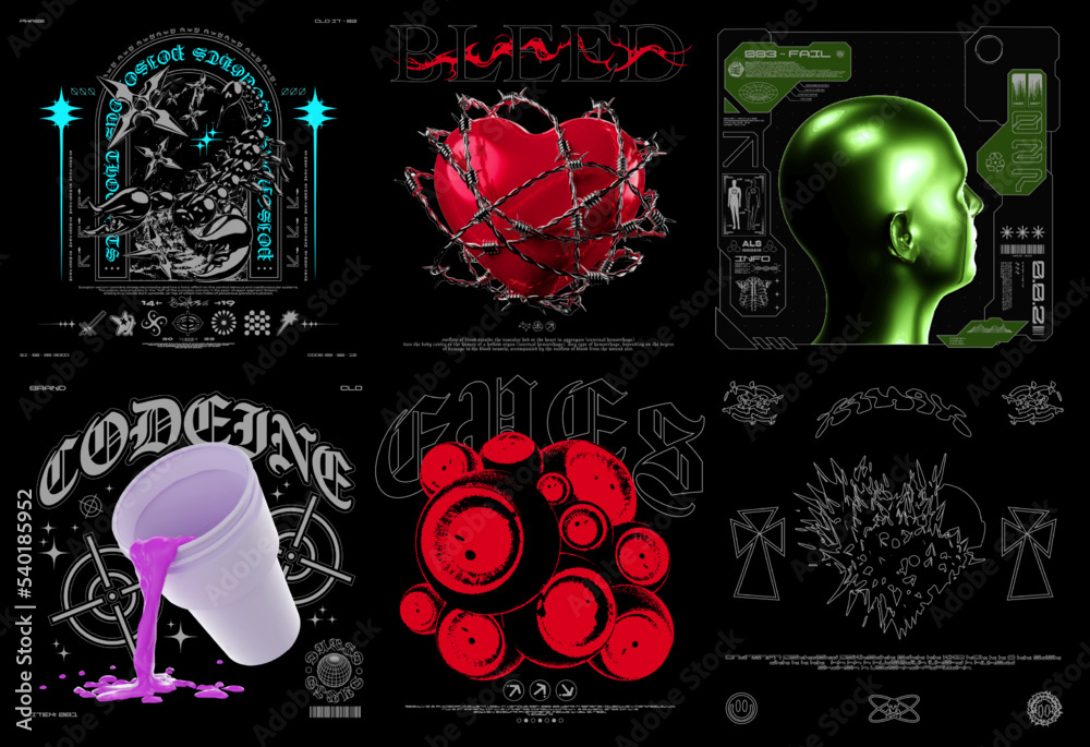 Collection of modern prints for clothes. Techno style stylish prints ...