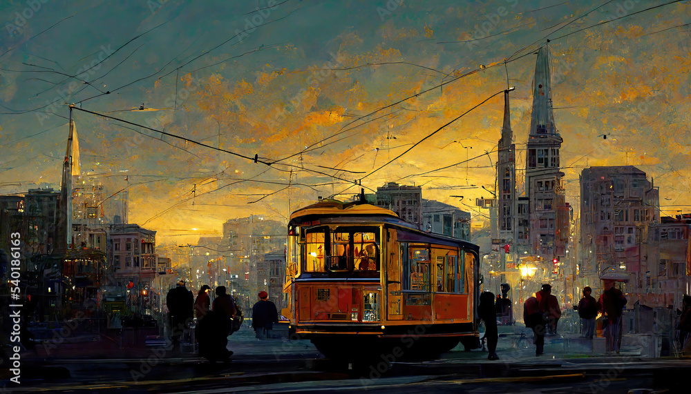 AI generated image of a twilight view of historic Cable Cars riding ...