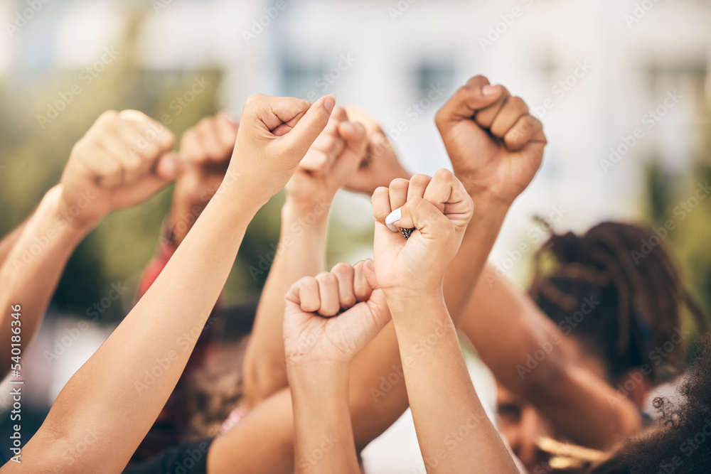 Hands, protest and community with a group of people fighting for change ...