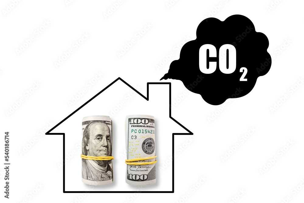 Living house on white background with dollars. CO2 emissions and ...