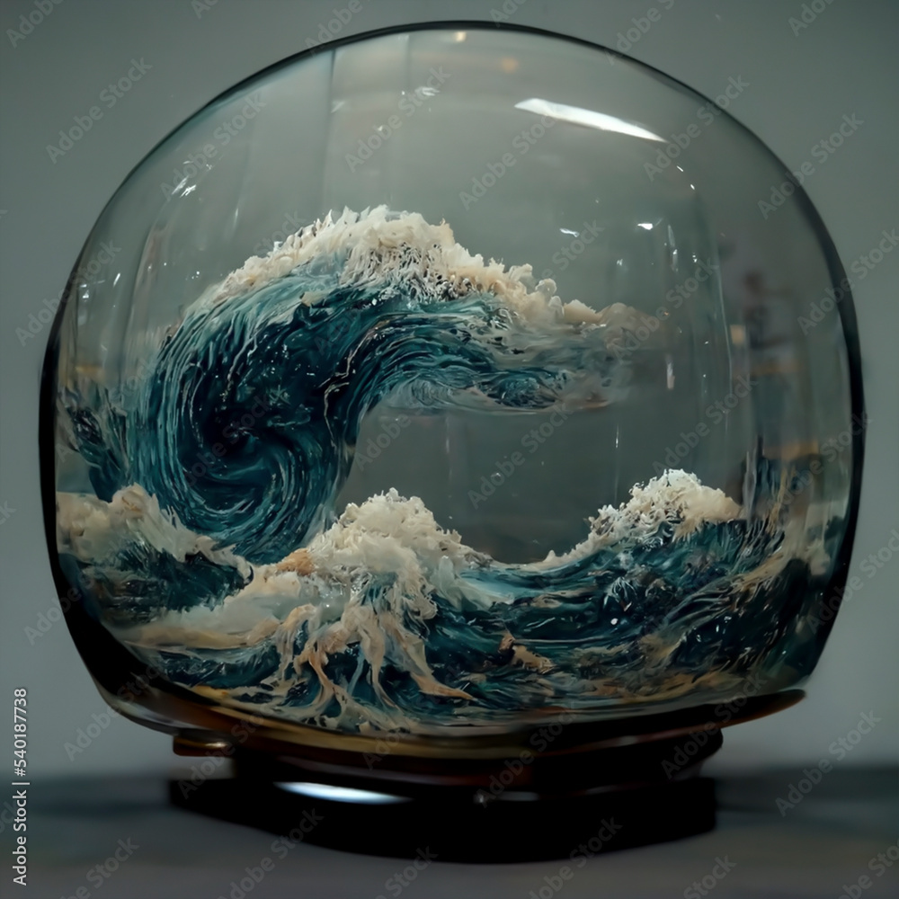 The depiction of the ocean waves in a ball-shaped glass that looks very ...