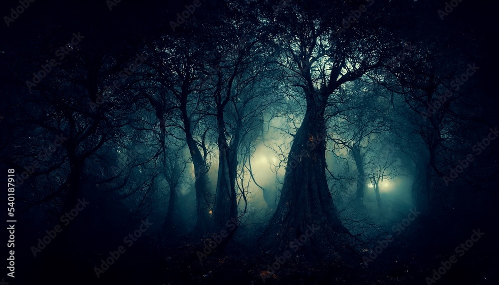 Dark scary forest cursed by witch spell spectacular 3D illustration for ...