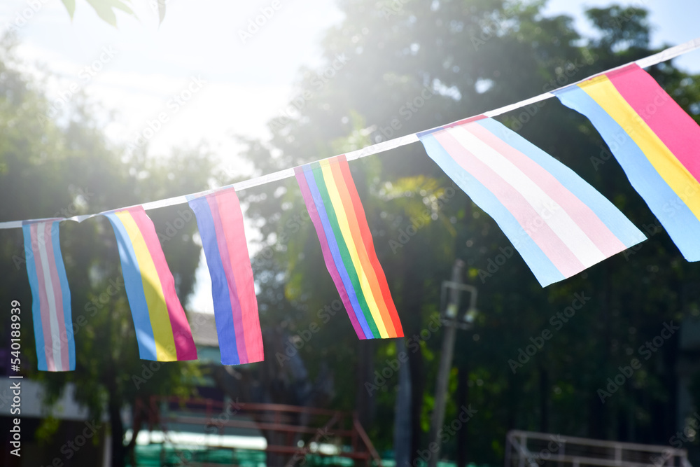 Lgbtq+ flags were hung on wire against bluesky on sunny day, soft and ...