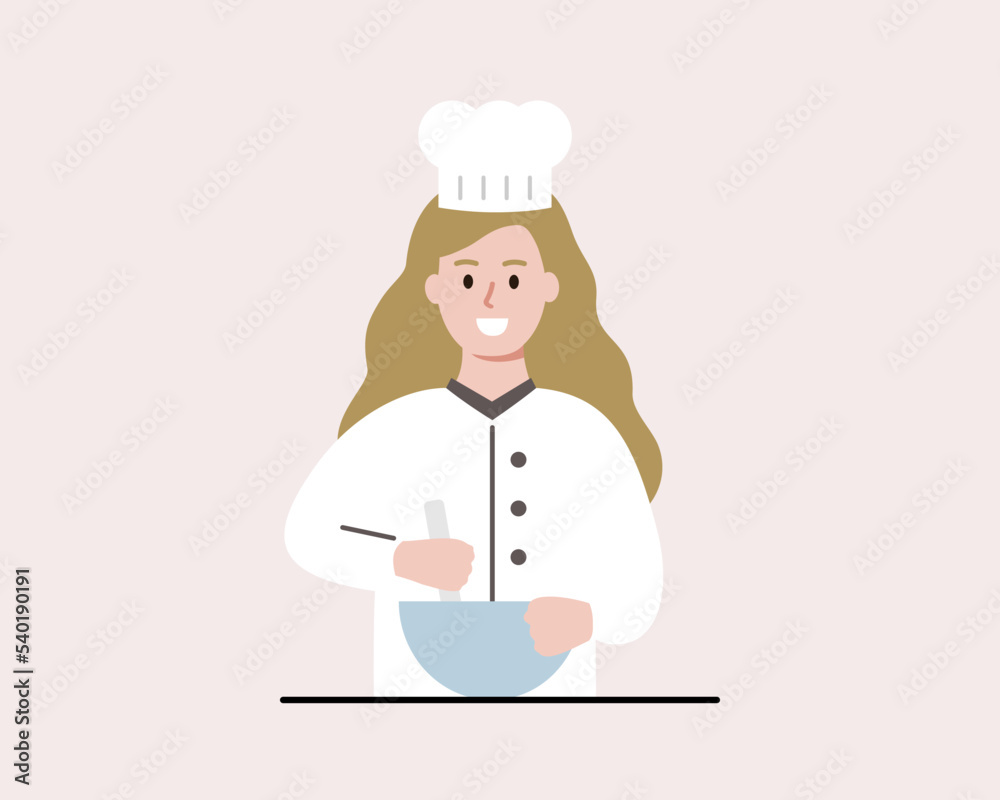 Happy girl mixing ingredient with bowl at home. Children wearing chief ...