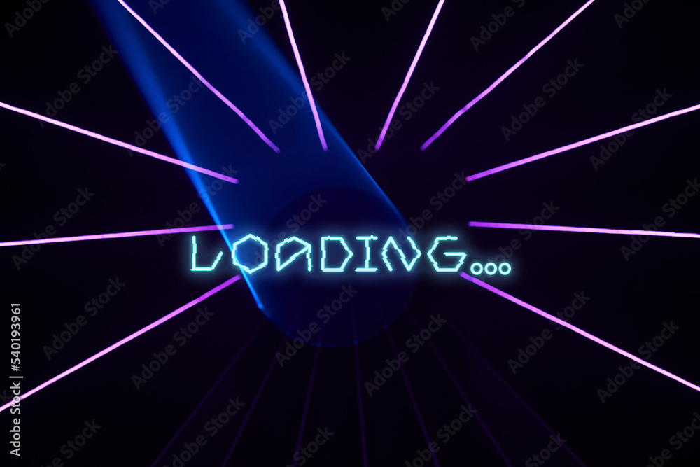 Dark background with purple laser beams and Loading. Stock Illustration ...