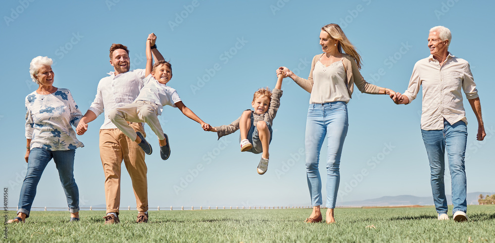 Lift, happy family and summer walk in a field, play and fun in nature ...