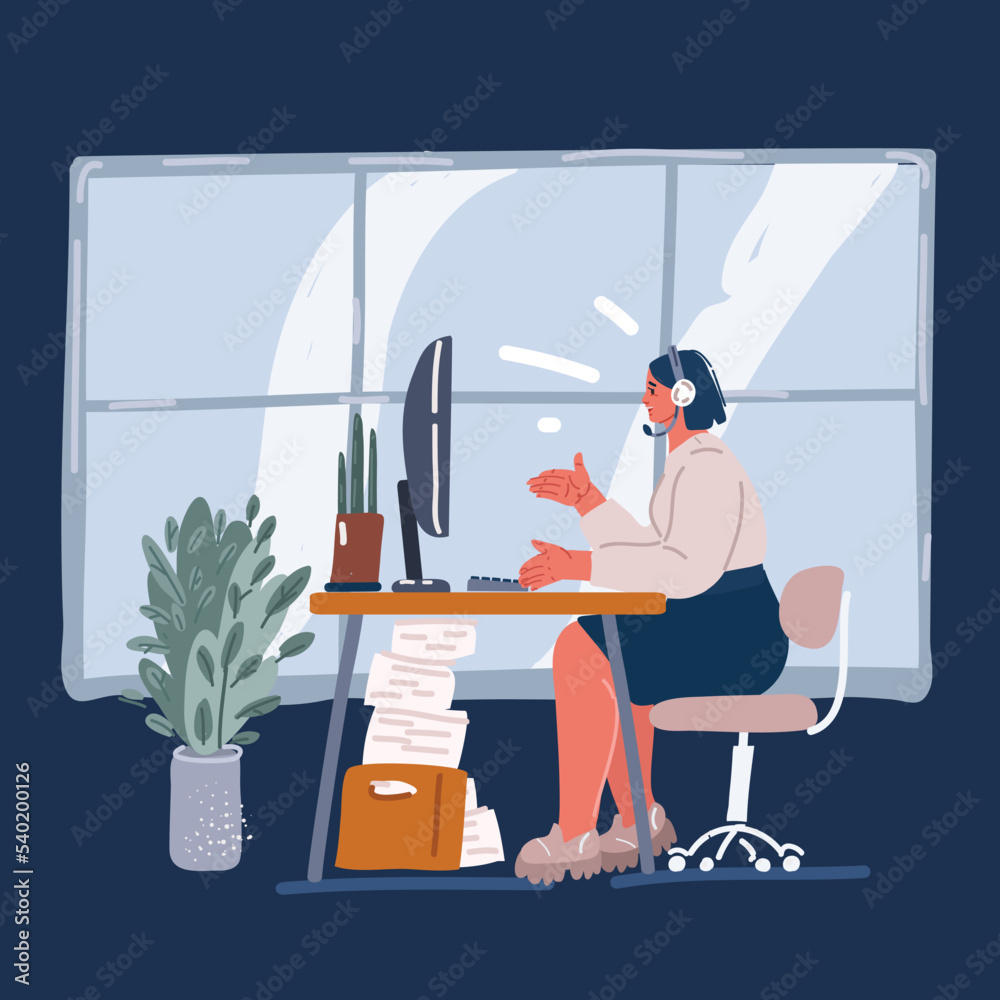 Cartoon vector illustration of female employee speak talk on video call ...