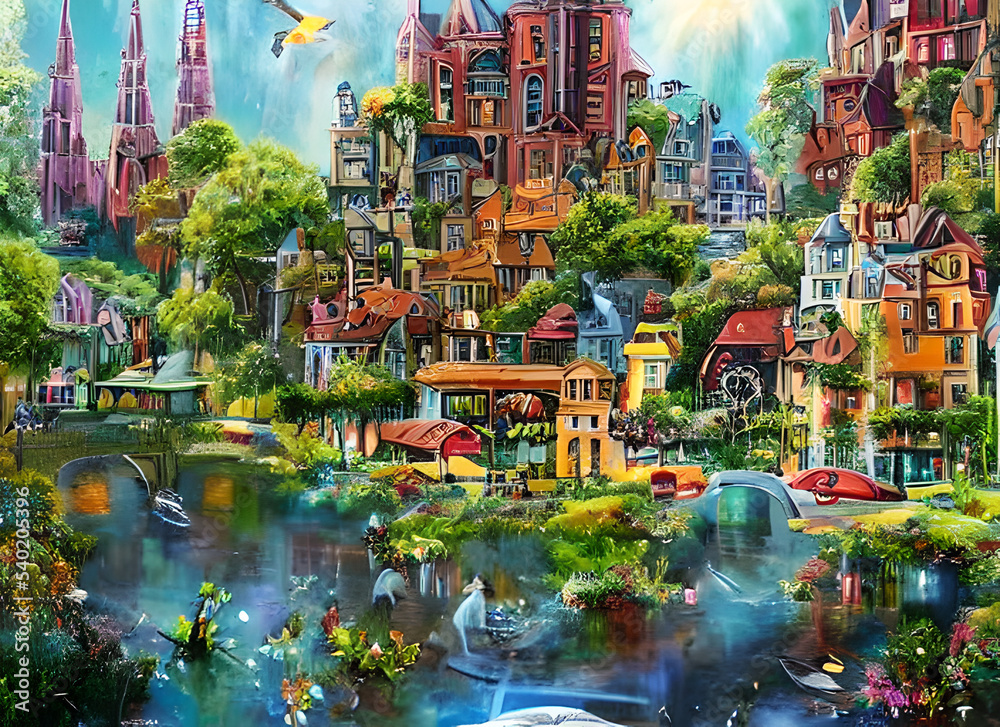 Town Art View City Design Skyline Landscape Sunset Christmas Night Tree ...