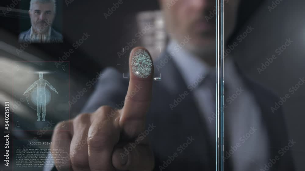 Business Security System Man Uses Fingerprint Scanner Control To Unlock Glass Door And Access To