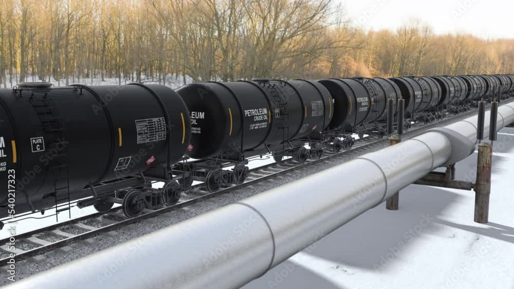 Freight train with oil cisterns full with crude oil behind gas pipeline ...