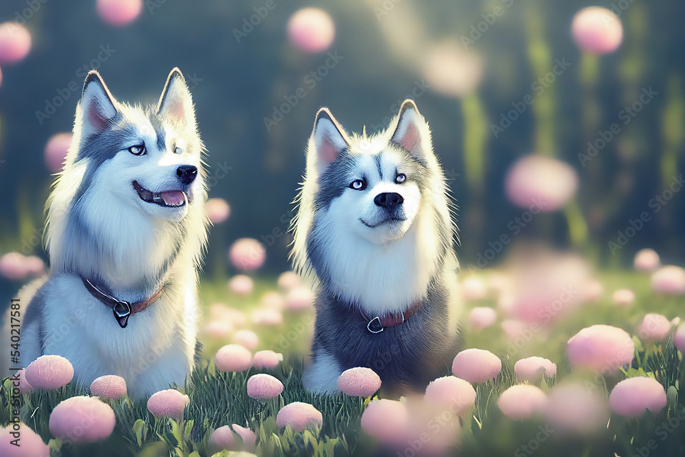 cute and adorable cartoon twin fluffy baby husky dogs sitting together ...