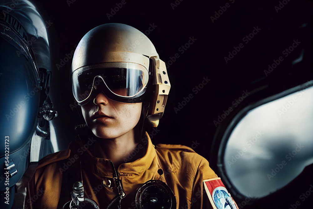 3D realistic render of portrait of vintage woman pilot in flight. Pilot ...